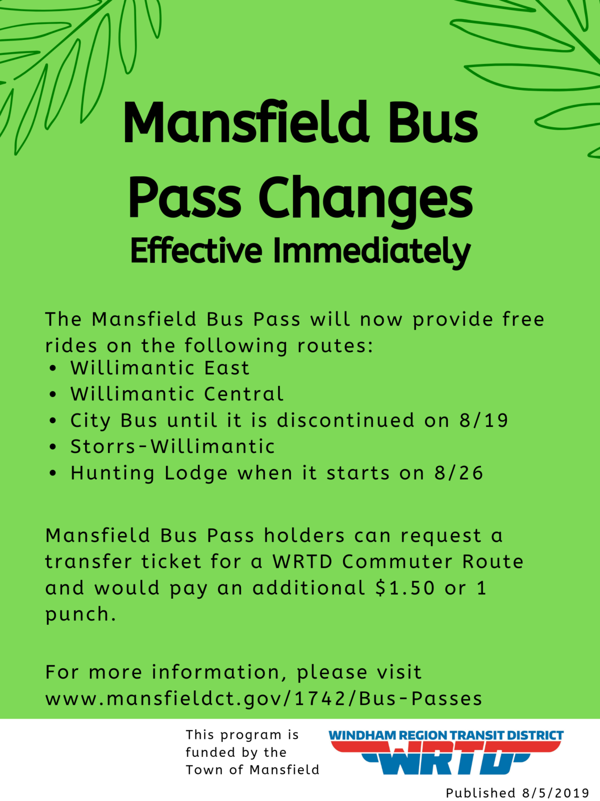Changes to Mansfield Bus Pass – Windham Region Transit District